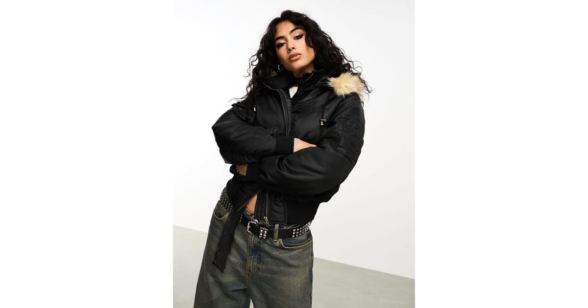 Reclaimed (vintage) Bomber Jacket With Fur Hood in Black | Lyst UK