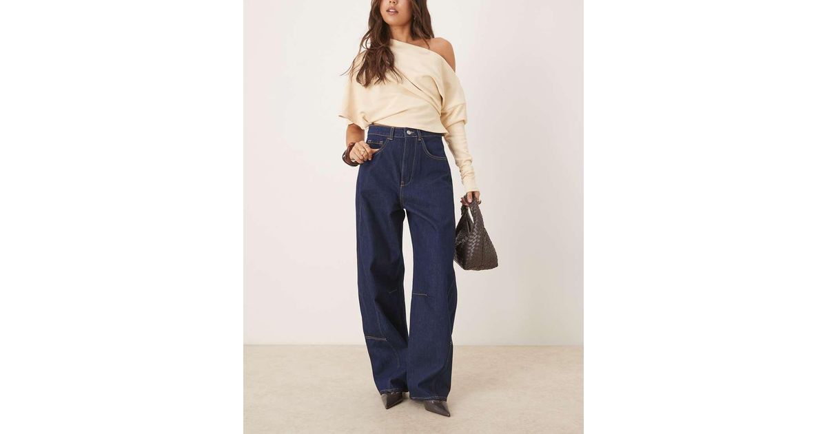 ASOS High Waist Barrel Leg Jean With Twist Panel Detail in Blue | Lyst UK
