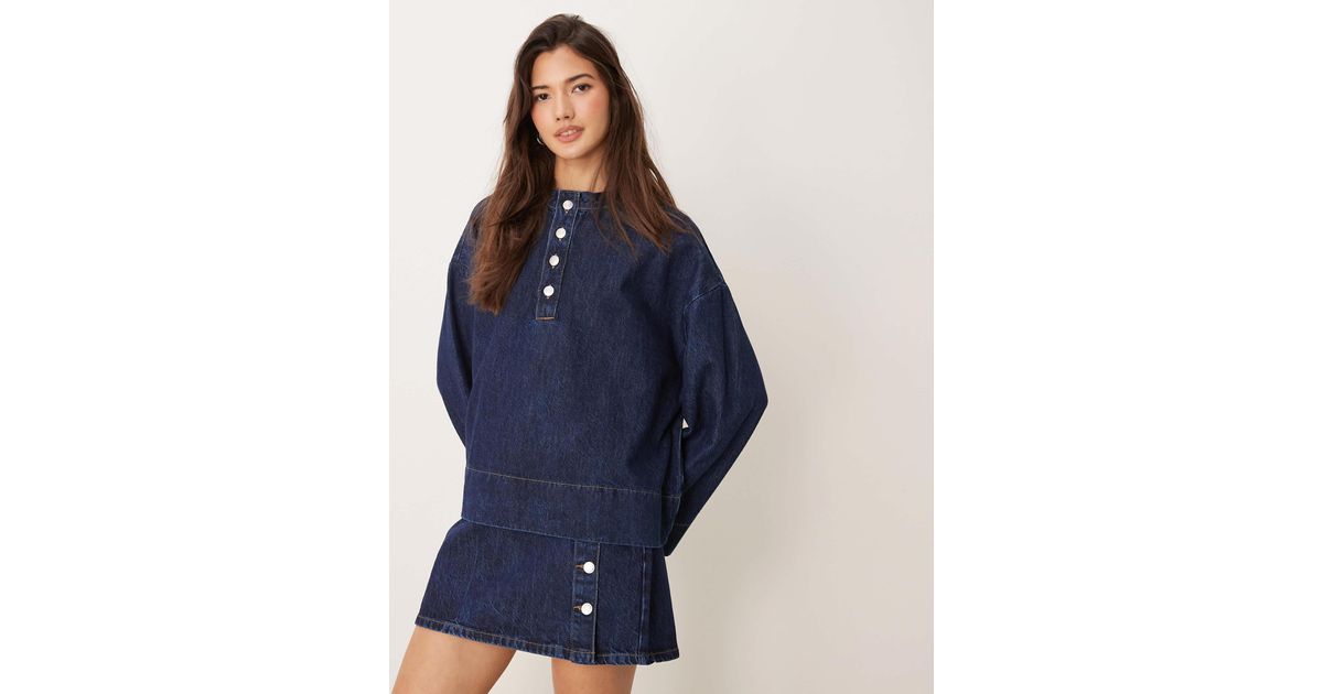 ASOS Denim Button Up Henley Top in Blue | Lyst