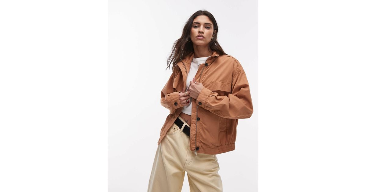 TOPSHOP Smart Cotton Bomber Jacket in Brown | Lyst