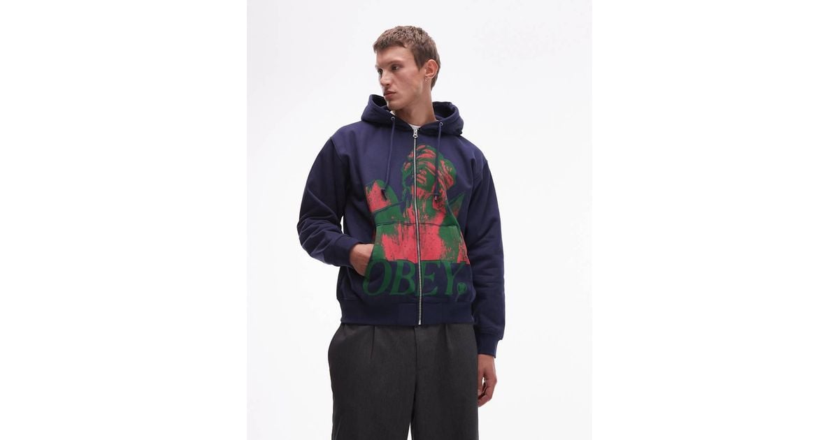 Obey Blindfold Zip Through Oversized Hoodie in Blue for Men | Lyst UK