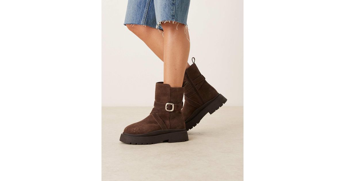 ASOS Amelia Suede Chunky Flat Ankle Boots With Buckle Detail in Brown ...
