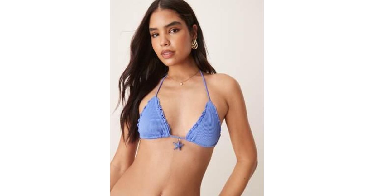 ASOS Alice Lettuce Edge Triangle Bikini Top With Starfish Detail in Blue | Lyst