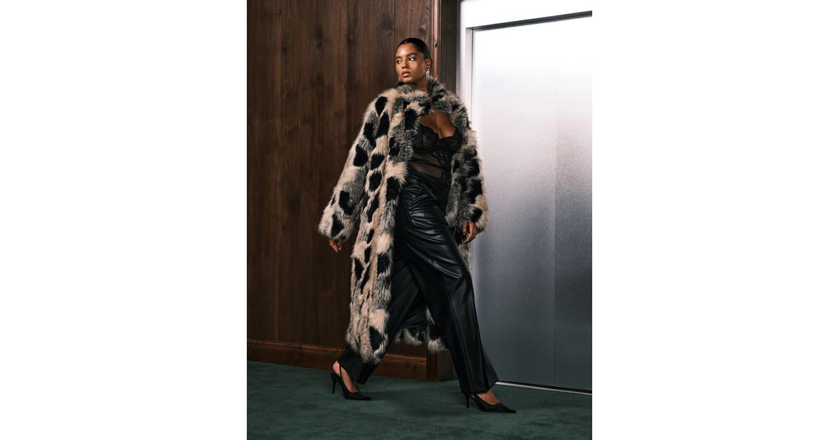 ASOS Asos Design Curve Longline Patch Faux Fur Coat in Black | Lyst