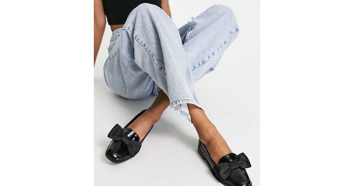 ASOS Wide Fit Mentor Bow Loafer Flat Shoes in Black | Lyst UK