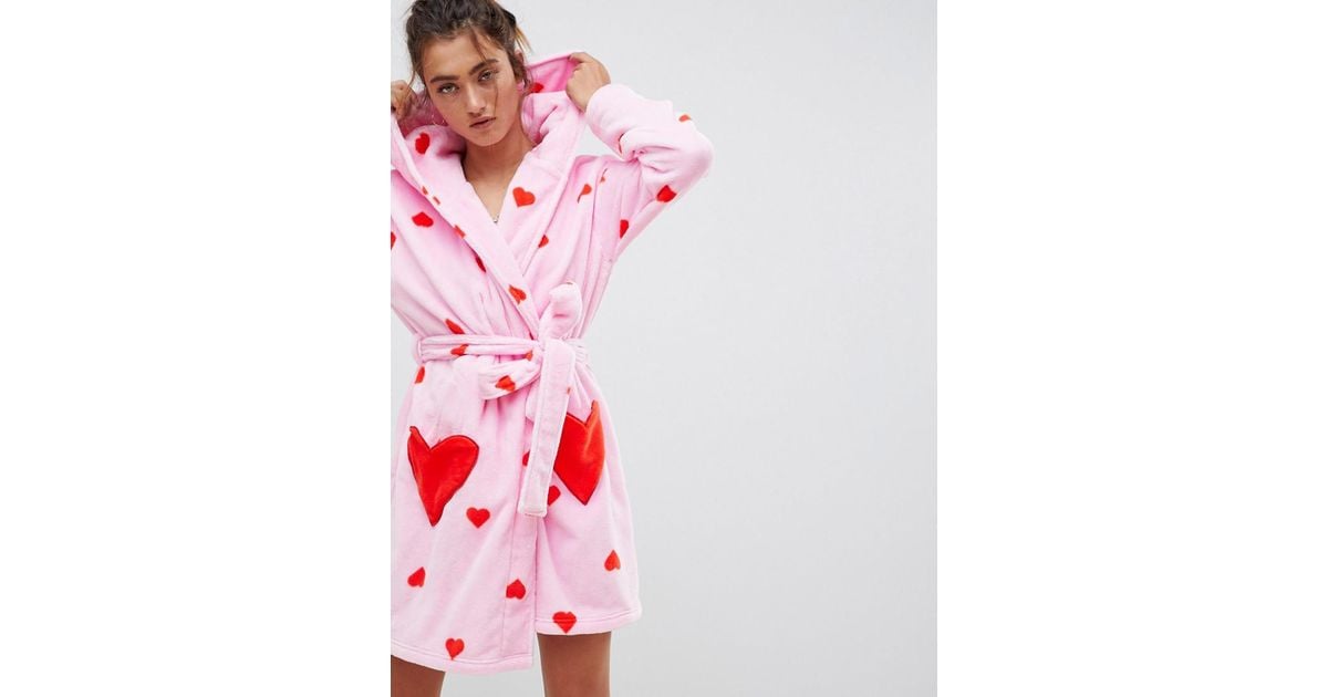 ASOS Heart Print Supersoft Robe in Pink | Lyst