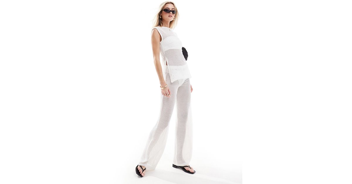 ASOS Beach Crochet Look Wide Leg Trousers Co Ord in White | Lyst