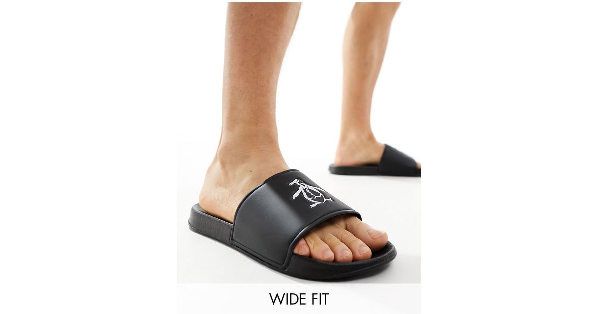 Original Penguin Wide Fit Logo Sliders in White for Men | Lyst UK