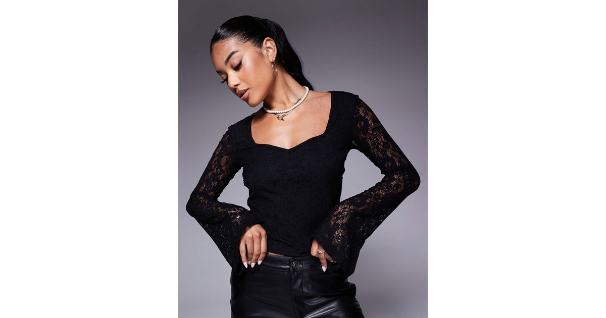ASOS Sweetheart Lace Long Sleeve Top in Black | Lyst