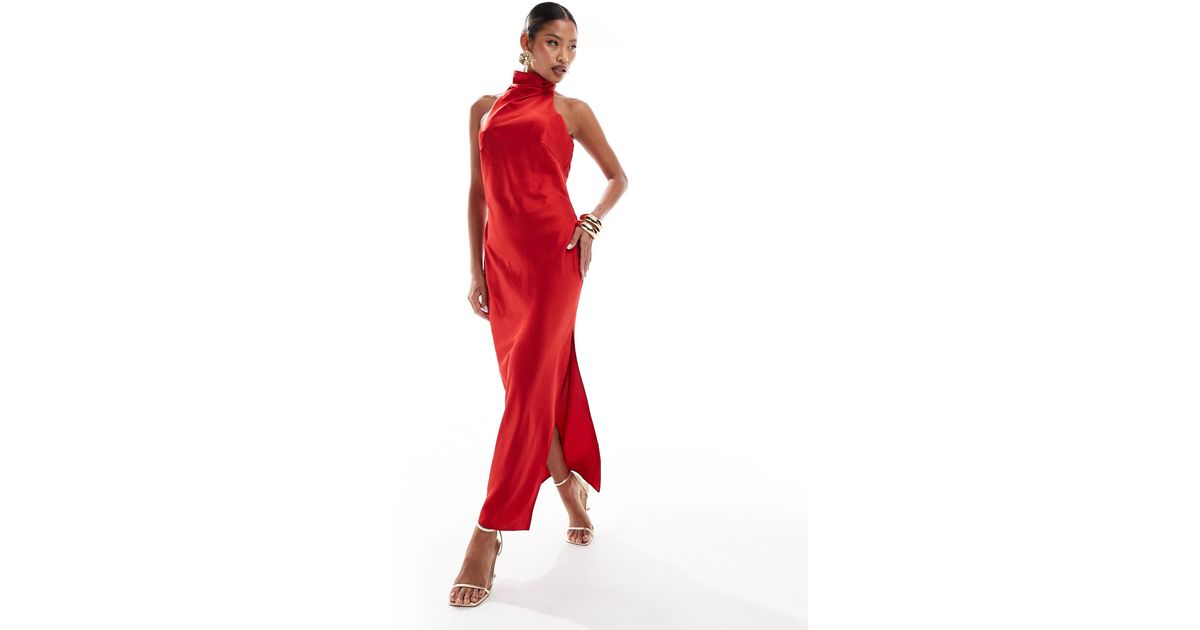 Jarlo Halter Neck Satin Midi Dress in Red | Lyst