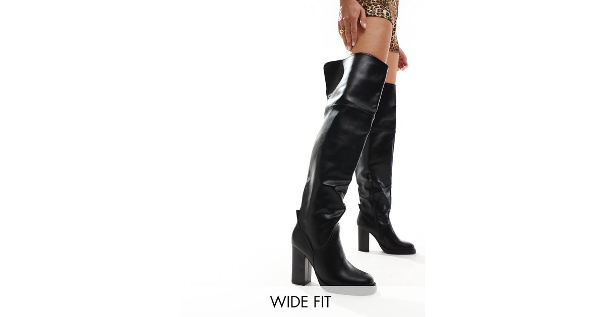 SEQWL Wide Fit Over The Knee Heeled Boots in Black | Lyst