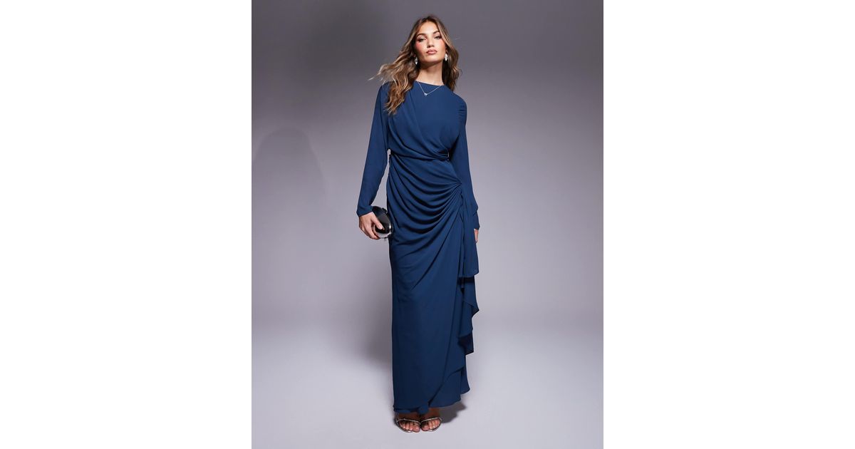 ASOS Long Sleeve Maxi Dress With Draped Skirt in Blue | Lyst