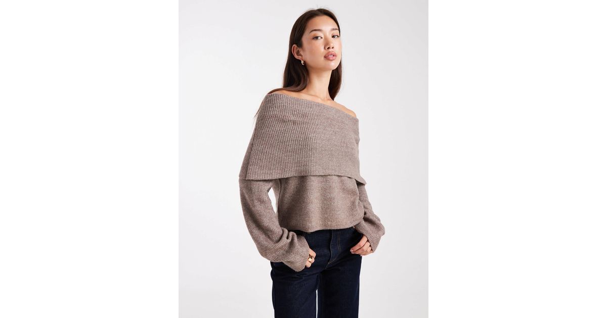 Miss Selfridge Deep Fold Over Rib Bardot in Gray | Lyst