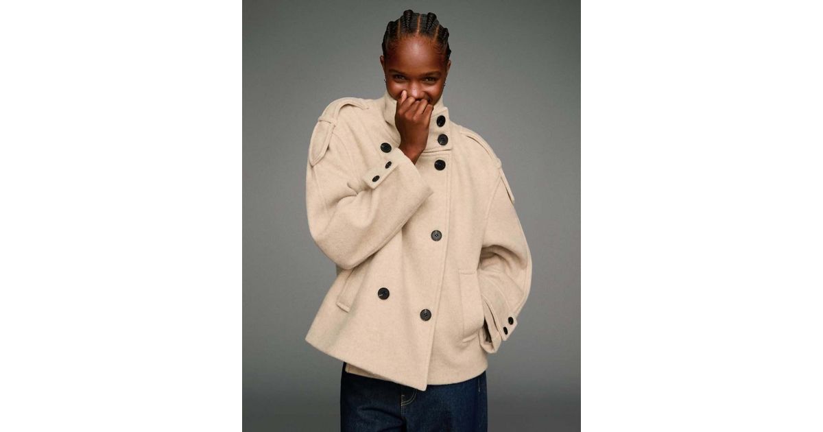 Bershka Felt Texture Jacket With Funnel Collar in Natural | Lyst UK