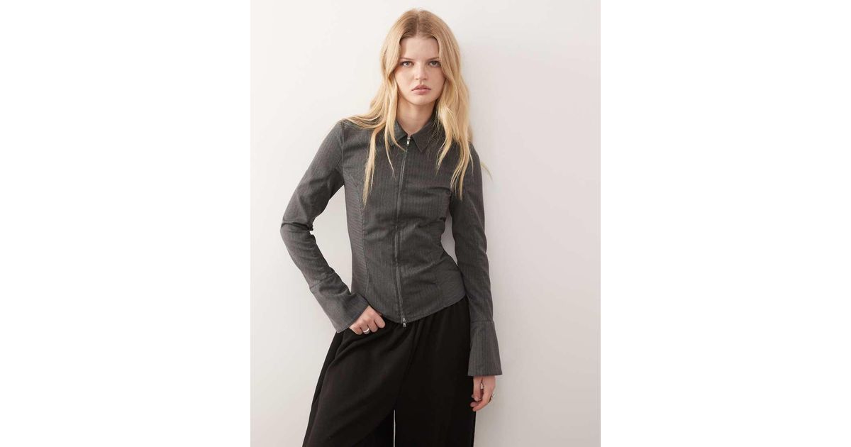 Weekday Zip Through Shirt With Flare Sleeve Detail in Grey | Lyst UK