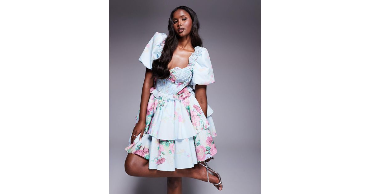 ASOS Organza And Poplin Mix Heart Bust Mini Dress Floral Print in Blue ...