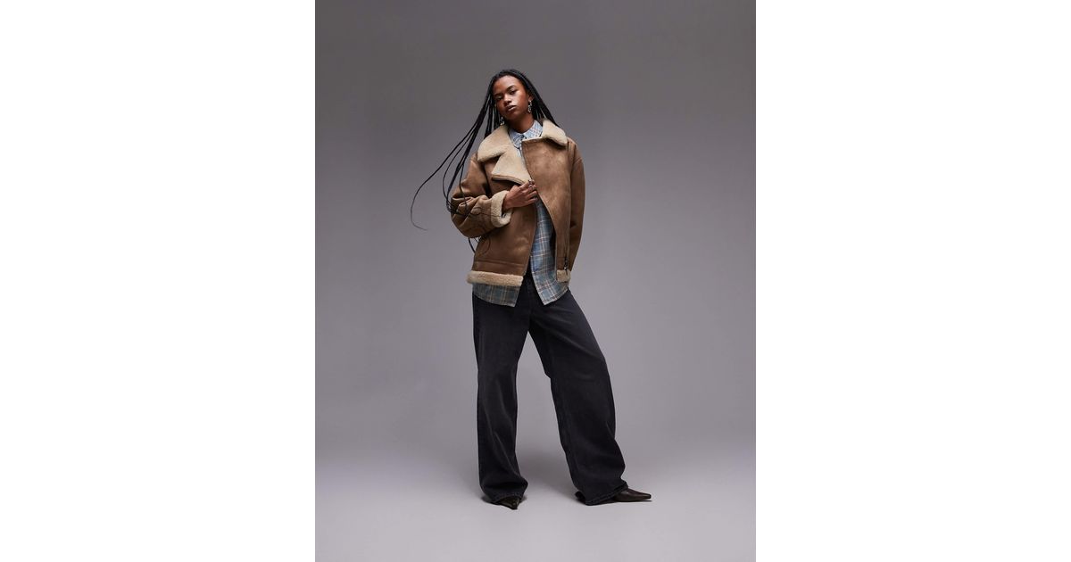 Mango Oversized Shearling Aviator Jacket in Gray | Lyst