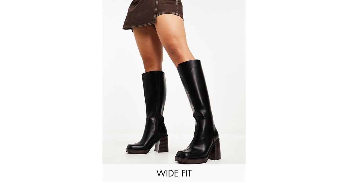 ASOS Wide Fit Caesar Stack Heel Knee Boots in Black | Lyst