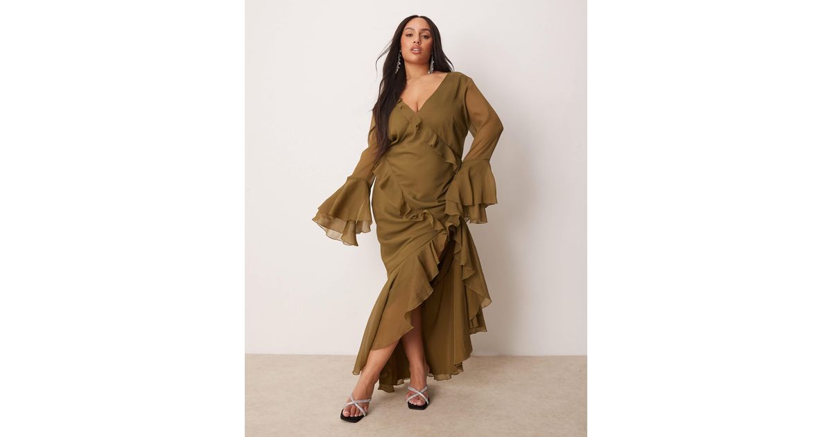 ASOS Asos Design Curve V Neck Long Sleeve Ruffle Maxi Dress With Cut ...