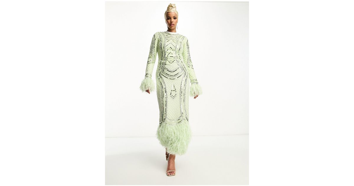 Asos Modest Long Sleeve Embellished Sequin Maxi Dress With Faux Feather