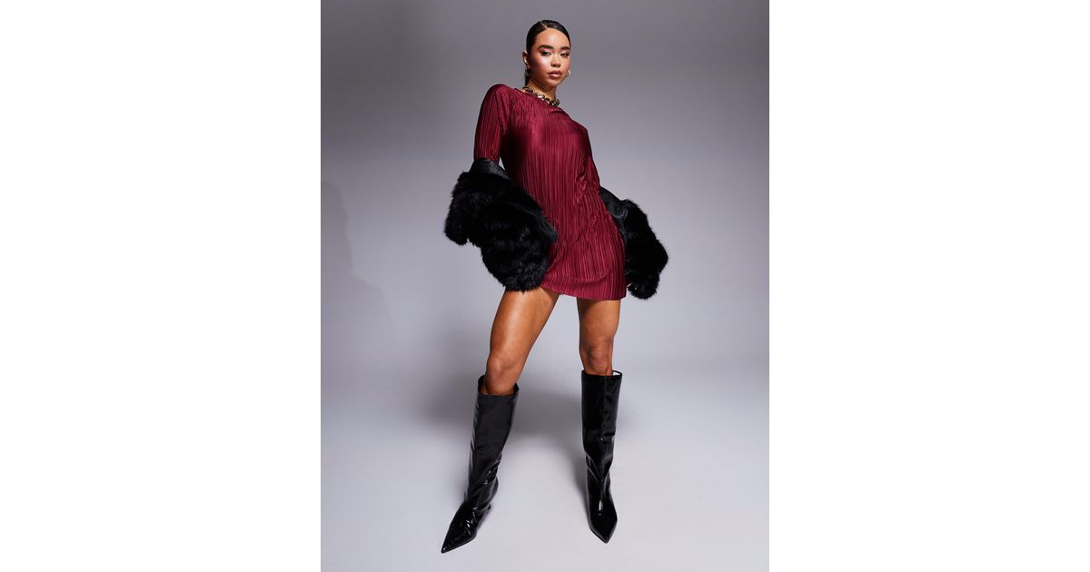 ASOS Long Angel Sleeve Plisse Mini Dress in Red | Lyst