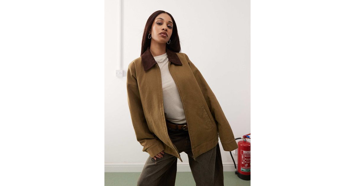 Lioness Contrast Corduroy Collar Canvas Barn Jacket in Brown | Lyst