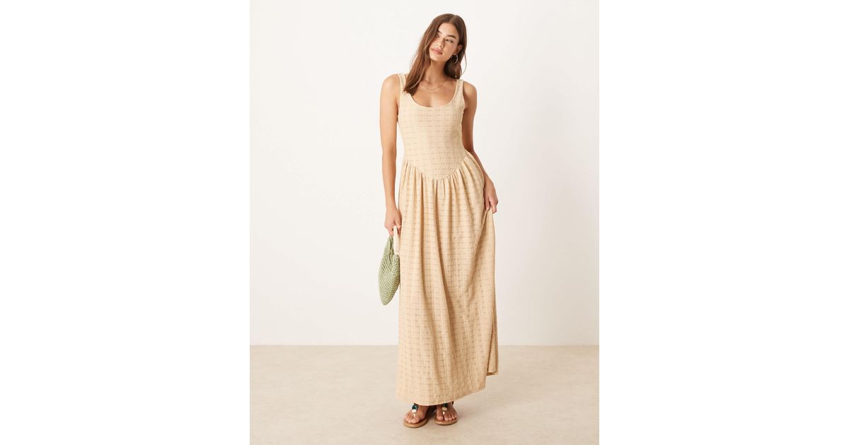 ASOS Textured Scoop Neck Drop Waist Midi Dress in Natural | Lyst