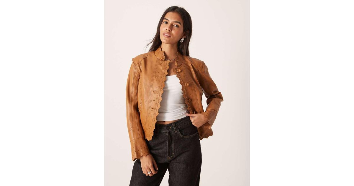 Urbancode Scallop Edge Cropped Leather Jacket in Brown | Lyst UK