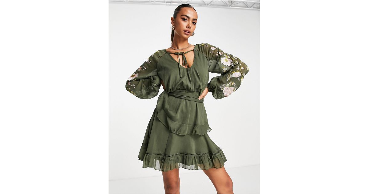 Asos Blouson Sleeve Tiered Mini Dress With Cross Stitch Embroidery
