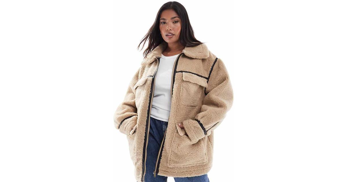 ASOS Asos Design Curve Borg Outer Mid Length Jacket in Natural | Lyst UK