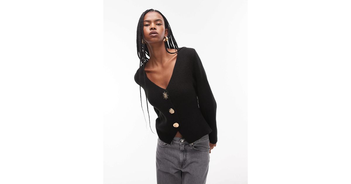 Mango Oversized Cardigan With Gold Sun Button Detail in Black | Lyst