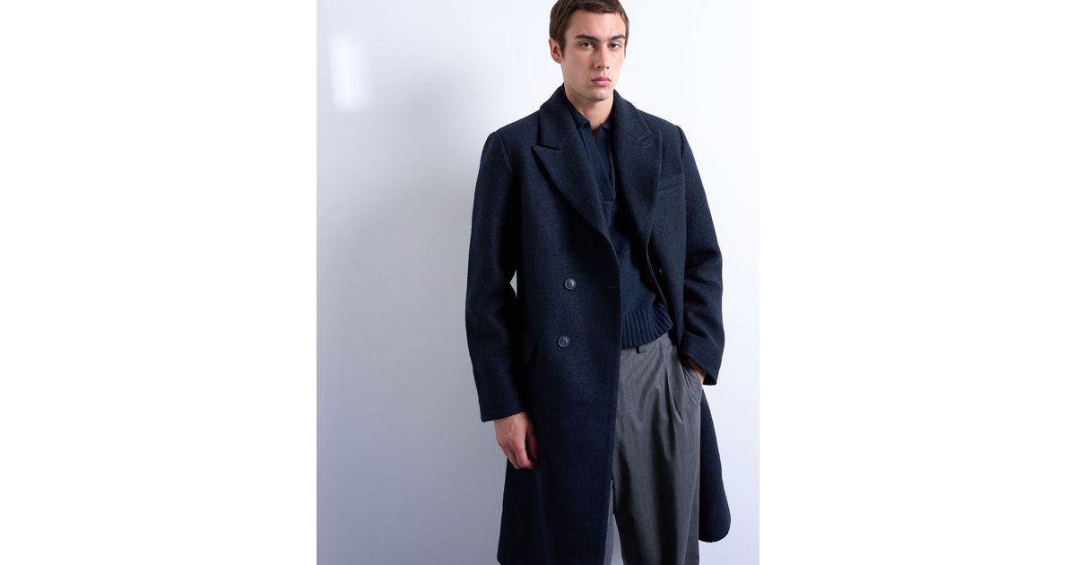 TOPMAN Textured Double Breasted Wool Blend Coat in Blue for Men | Lyst
