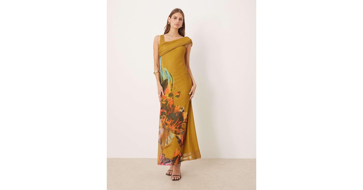 ASOS Printed Mesh One Off Shoulder Midi Dress in Metallic | Lyst