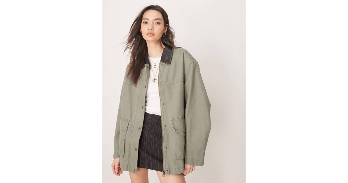 ASOS Oversized Washed Barn Jacket With Leather Look Collar in Gray | Lyst
