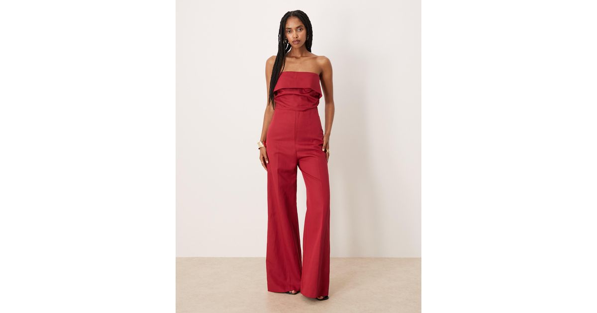 Mango Bandeau Fold Detail Jumpsuit in Red | Lyst