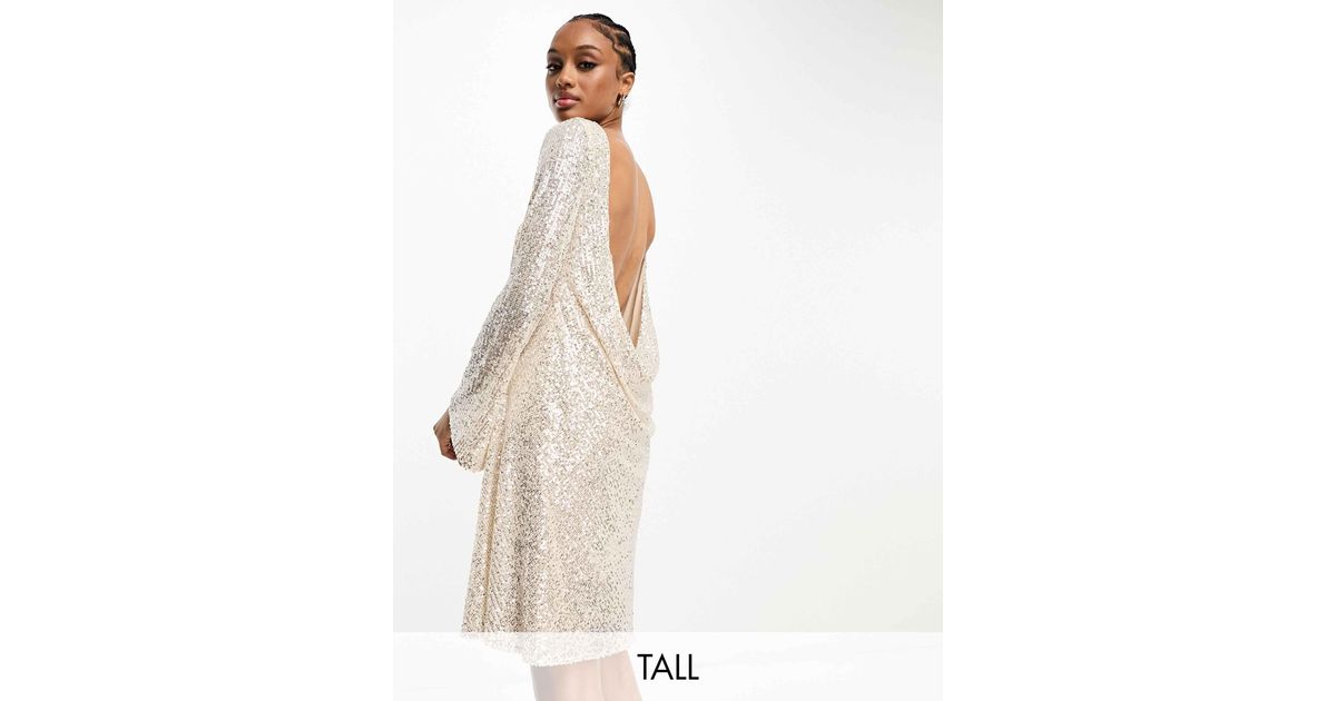 Jaded Rose Tall Long Sleeve Sequin Cowl Back Mini Dress in Natural | Lyst