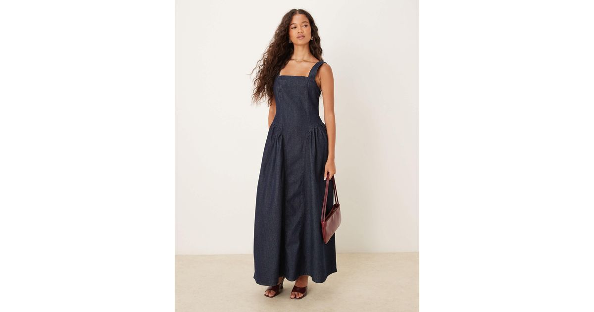 ASOS Denim Midi Dress With Side Bustle Panels in Blue | Lyst