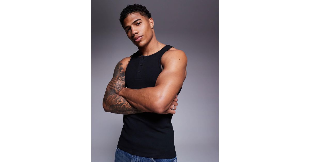ASOS Muscle Fit Henley Rib Vest in Gray for Men | Lyst