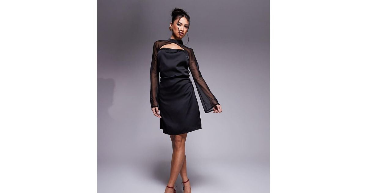 In The Style X Perrie Sian Exclusive High Neck Flared Sheer Sleeve Cutout Satin Mini Dress in ...