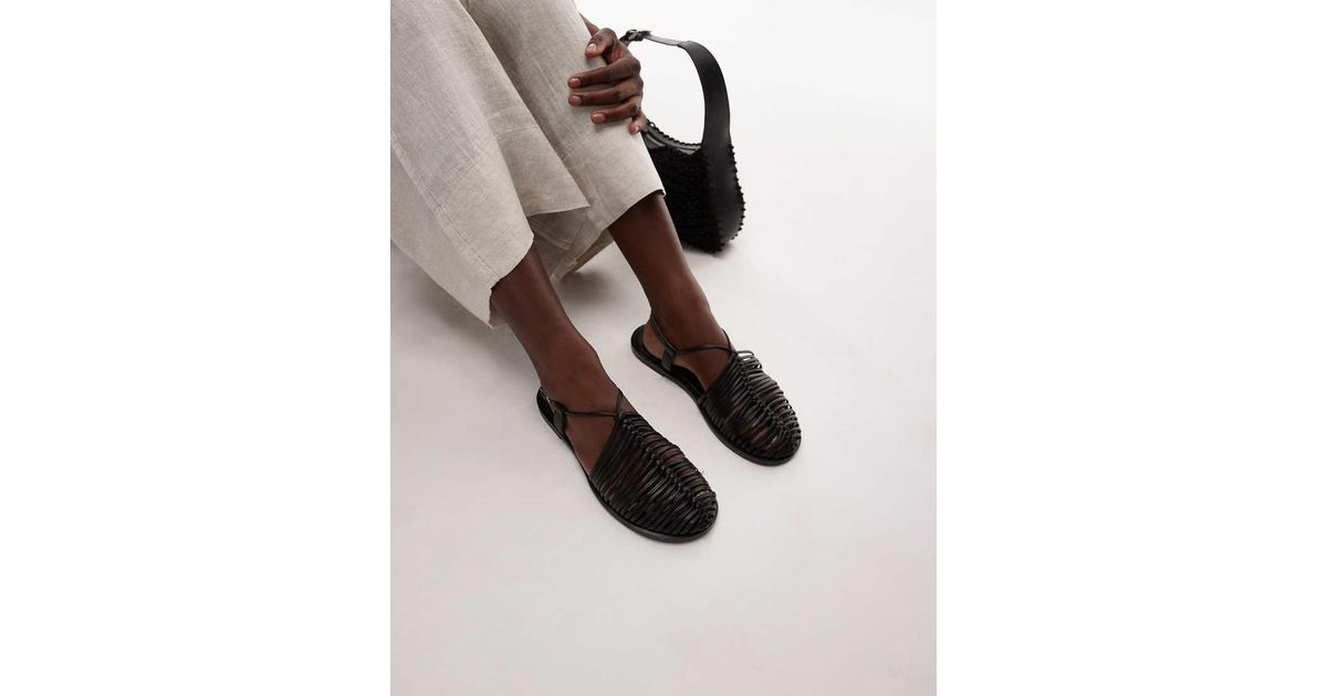 TOPSHOP Aidan Leather Weave Tie Up Flat Shoes in White | Lyst UK