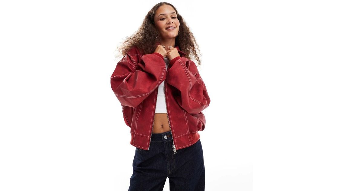 Lioness Leather Look Contrast Stitch Bomber Jacket in Red | Lyst UK