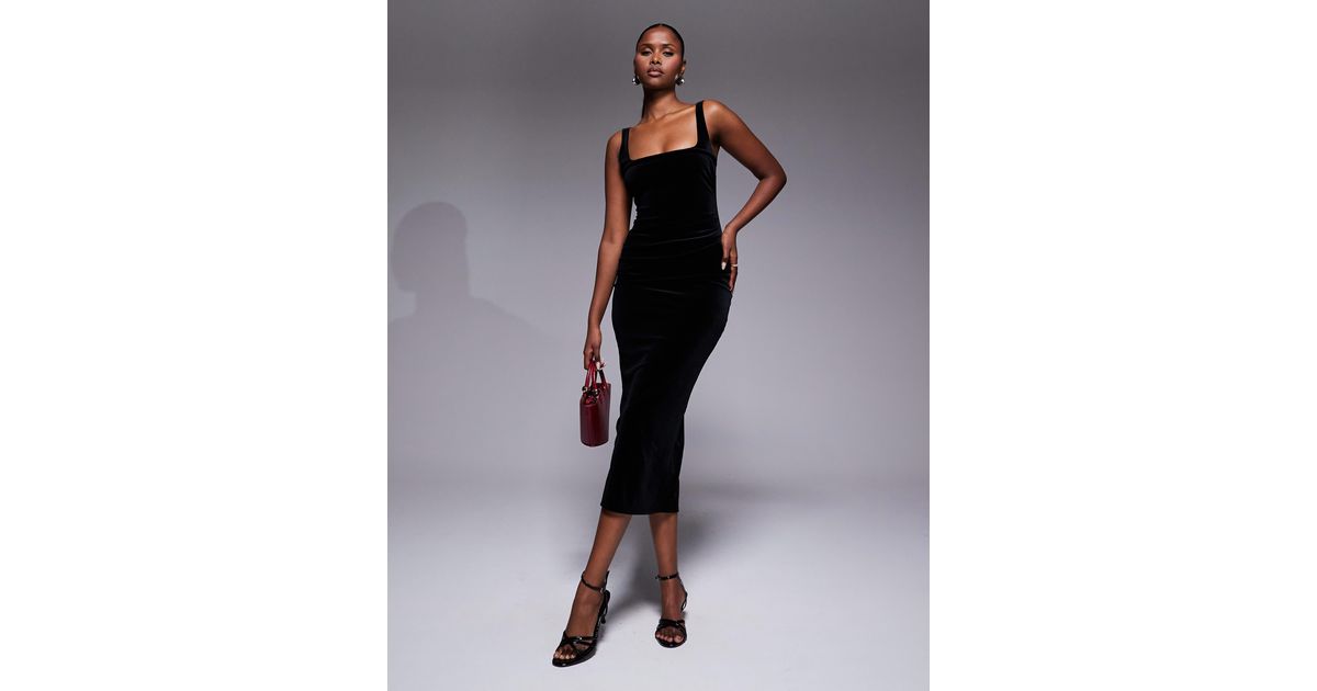 ASOS Velvet Curved Neckline Midi Dress With Split in Blue | Lyst