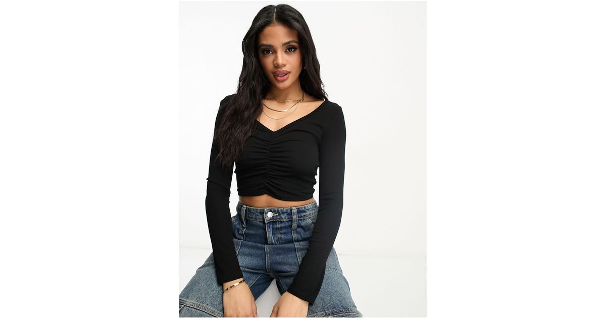 ASOS Ruched V Front And Back Crop Top in Black | Lyst