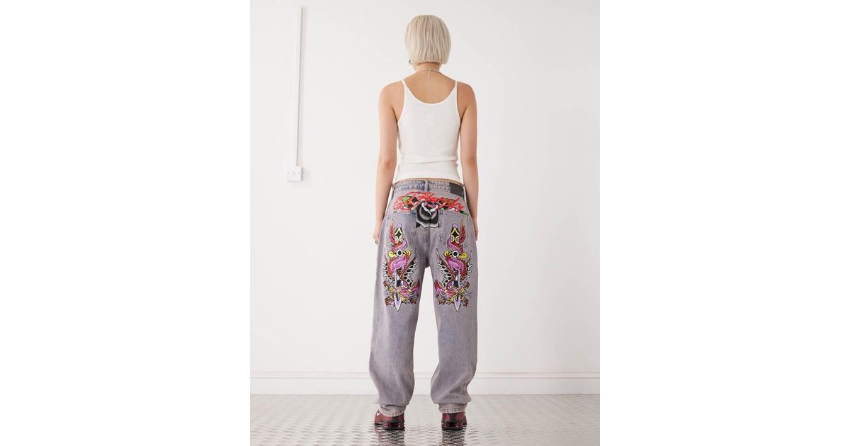 Ed Hardy Dragon And Sword Relaxed Denim Trousers Jeans in White | Lyst UK