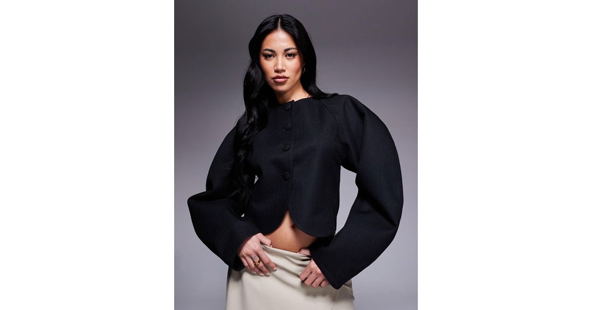 ASOS Herringbone Cocoon Sleeve Cropped Blazer in Gray | Lyst