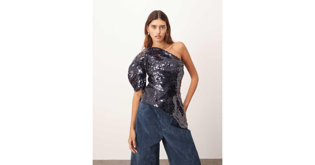 ARRANGE Sculptural One Shoulder Sequin Top in Blue | Lyst UK