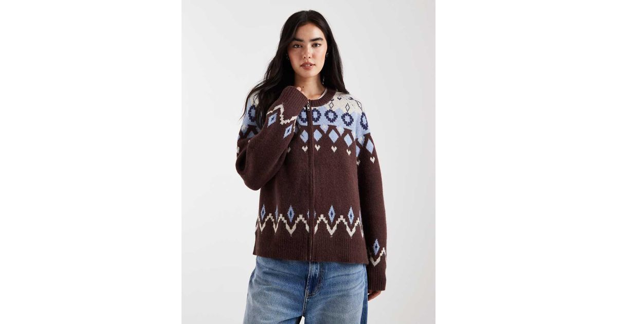Daisy Street Fair Isle Zip Up Graphic Jumper in Brown | Lyst UK