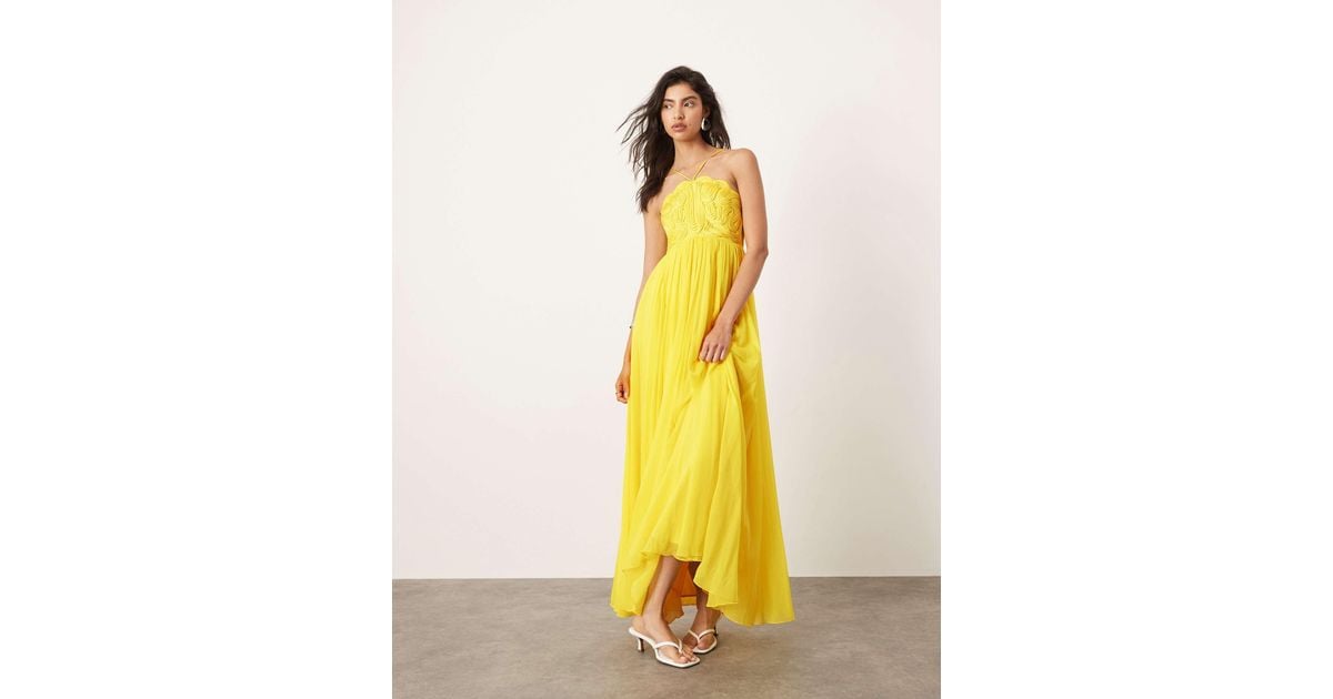ASOS Embroidered Satin Cornelli Maxi Dress With Chiffon Skirt in Yellow | Lyst