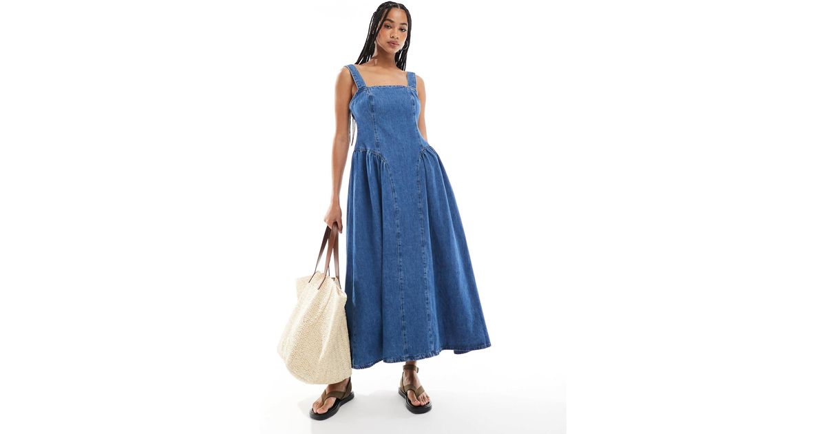 ASOS Denim Midi Dress With Side Bustle Panels in Blue | Lyst