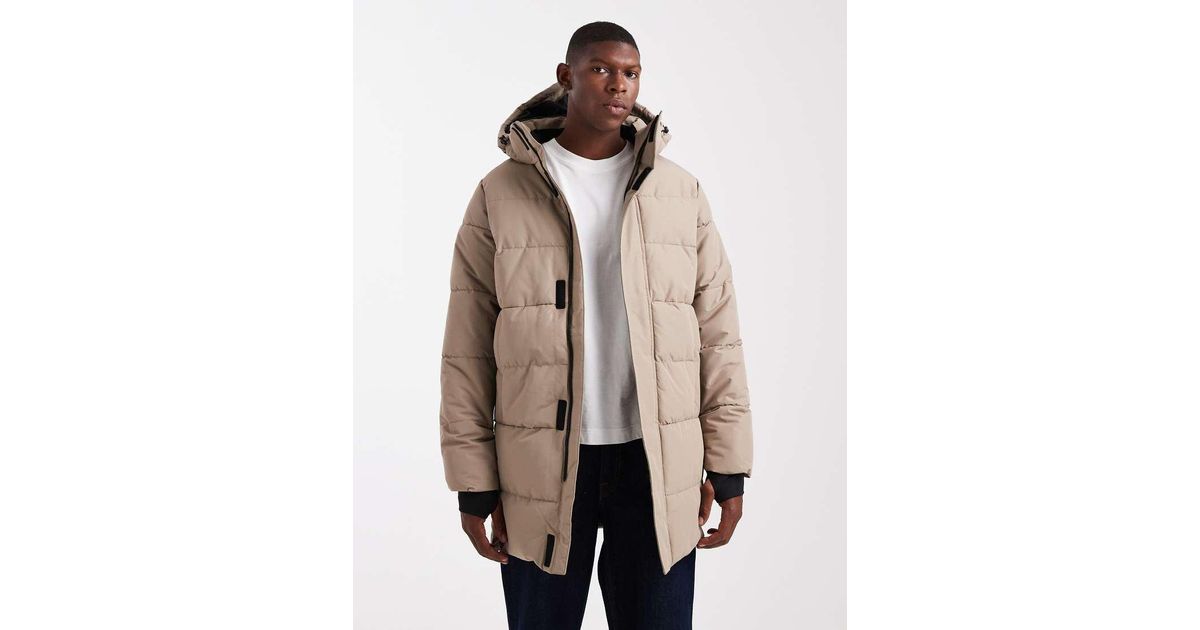 Only & Sons Waterproof Longline Puffer Coat With Hood in Natural for ...